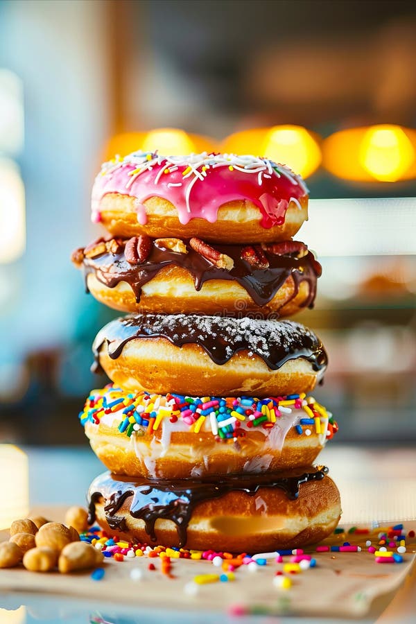 A Stack of Donuts with Sprinkles and Chocolate Stock Photo - Image of ...