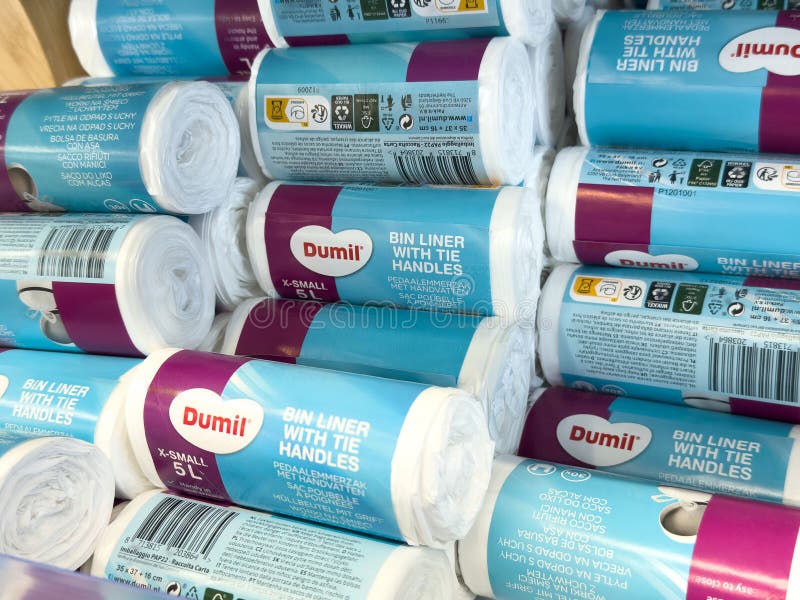 Stack of Dumil Bin Liner Rolls with Tie Handles on Display Shelf ...