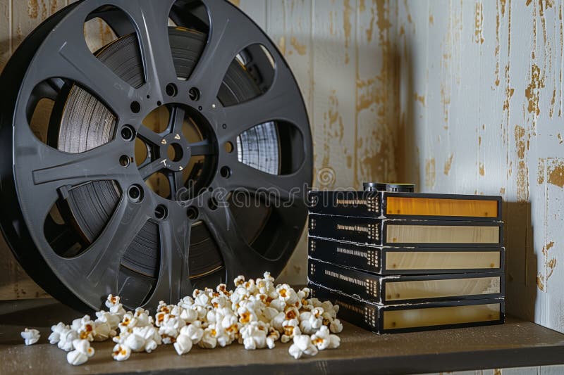 Stack of Dvds beside a Film Reel and Popcorn on a Shelf Stock Photo ...