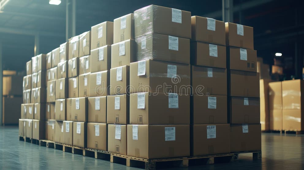 Stack of E-commerce Packages in Warehouse Aisle. Online Shopping ...