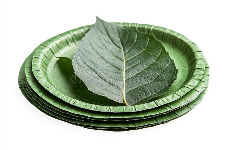 A Stack of Eco-friendly Green Plates Displays a Single Large Leaf ...