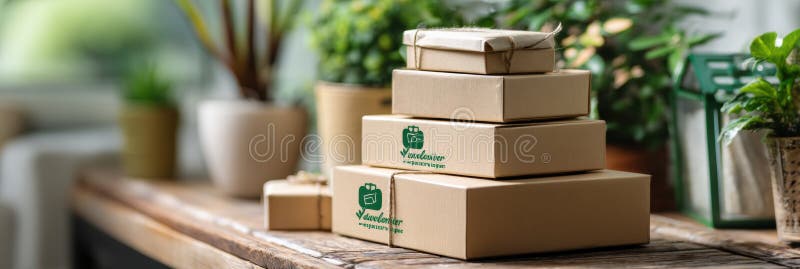 Eco-friendly Parcels Stacked on Wooden Table in Bright Indoor Space ...