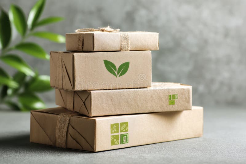Eco-friendly Parcel Stack with Green Delivery Logo Against Natural ...