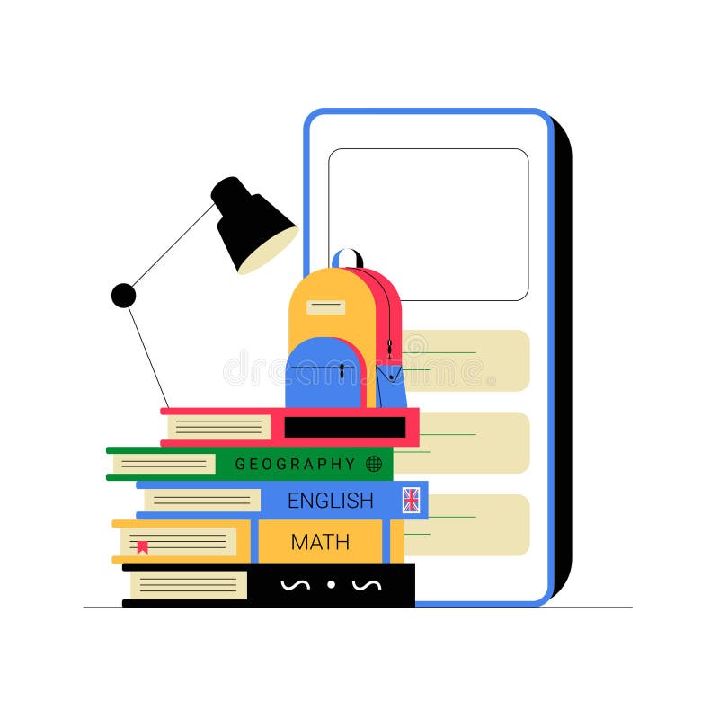 Stack of Textbooks with Backpack and Lamp in Flat Vector Illustration ...