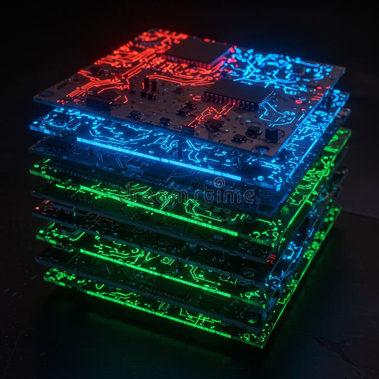 A Stack of Electronic Circuit Boards, Each Illuminated with Neon-like ...