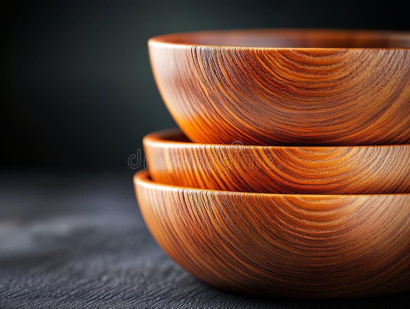 Stack of Elegant Wooden Bowls on a Dark Background with Subtle Textures ...