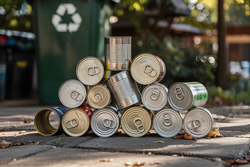 Stack of Empty Cans Ready for Recycling in Front of Green Bin Stock Illustration - Illustration ...