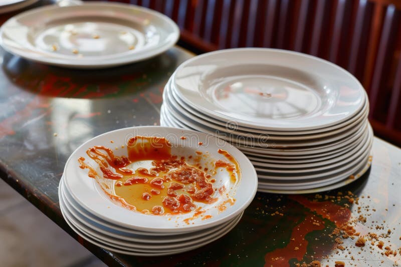 Stack of Empty Plates Smeared with Sauces and Crumbs on a Restaurant ...