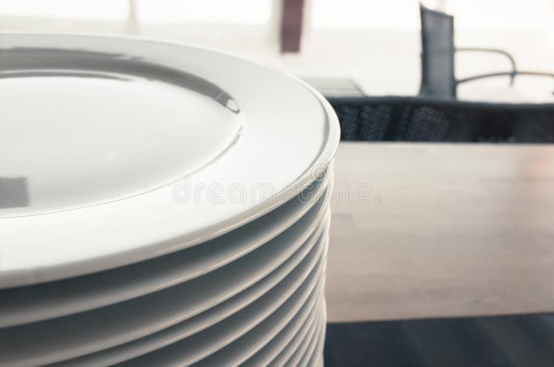 Stack of Empty White Plates, Close Up Stock Photo - Image of clean ...