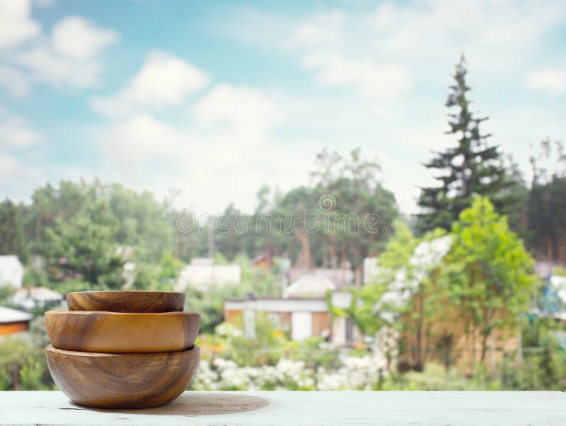 Stack of Empty Wooden Bowls on Table Stock Photo - Image of blur ...