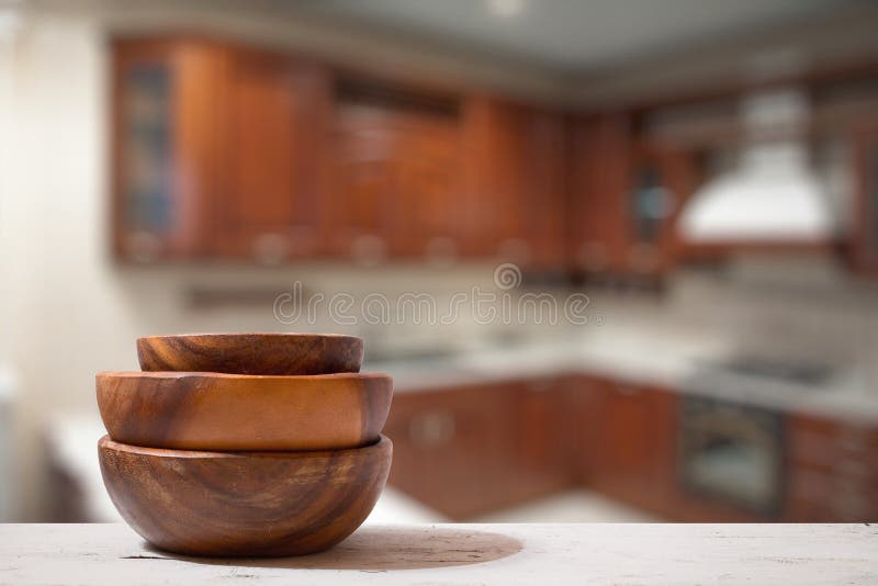 Stack of Empty Wooden Bowls on Table Stock Photo - Image of dishware ...