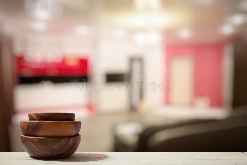Stack of Empty Wooden Bowls on Table Stock Photo - Image of room, focus ...