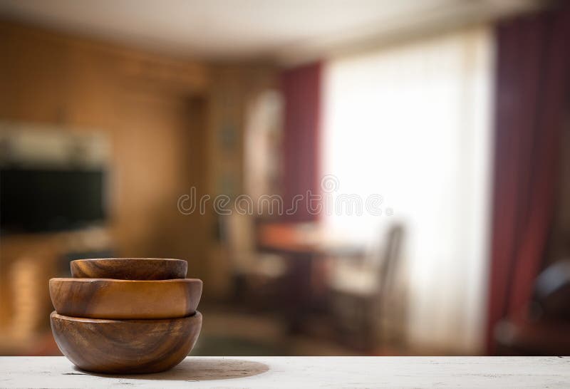 Stack of Empty Wooden Bowls on Table Stock Image - Image of empty ...