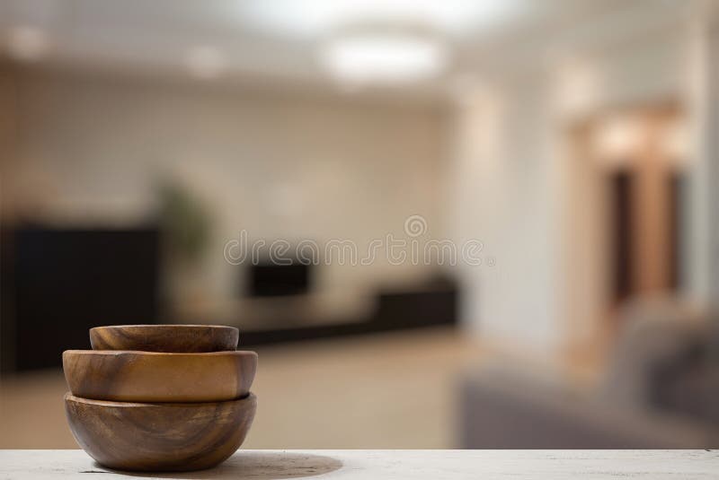 Stack of Empty Wooden Bowls on Table Stock Image - Image of space ...