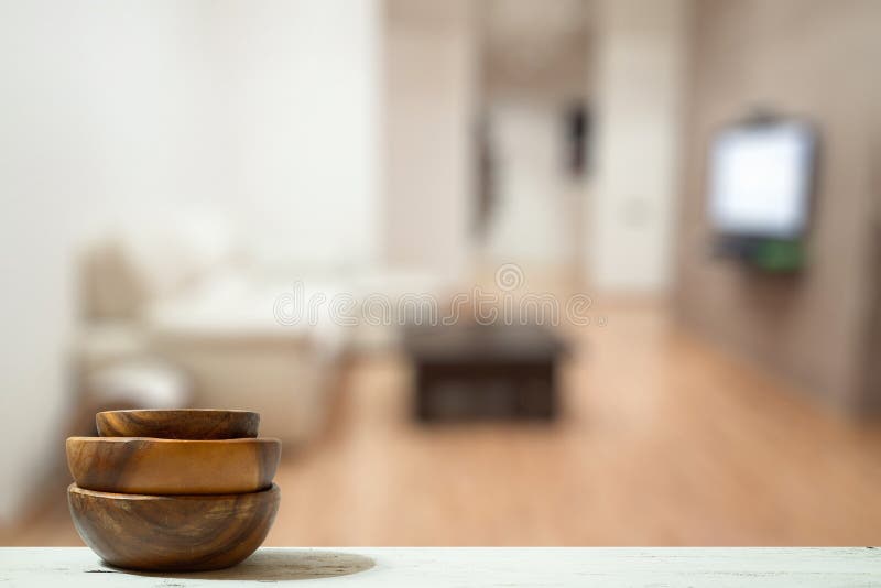 Stack of Empty Wooden Bowls on Table Stock Photo - Image of soup ...