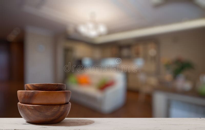 Stack of Empty Wooden Bowls on Table Stock Photo - Image of dishware ...