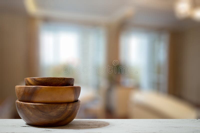 Stack of Empty Wooden Bowls on Table Stock Photo - Image of blur, table ...
