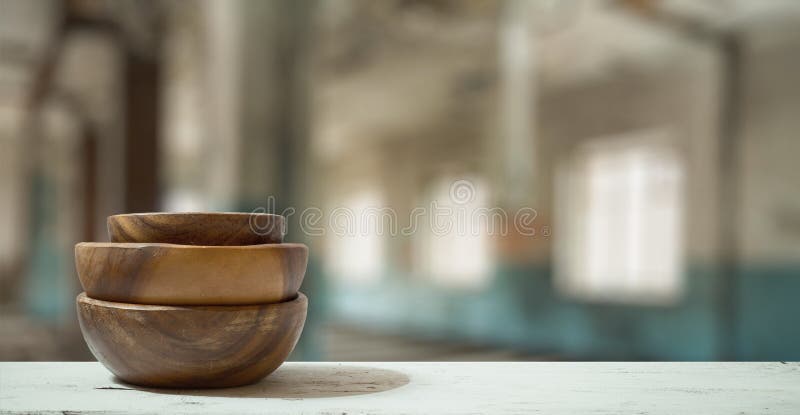 Stack of Empty Wooden Bowls on Table Stock Photo - Image of furniture ...