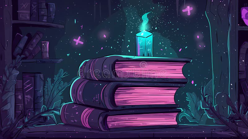 Magical Bookshelf Night Scene Glowing Candle Fantasy Illustration Art ...