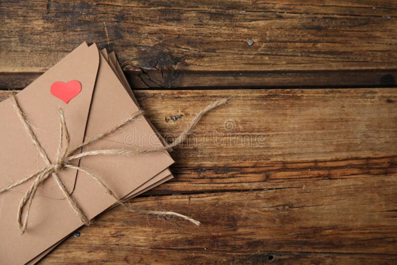 Stack of Envelopes and Space for Text on Wooden Table, Top View. Love ...