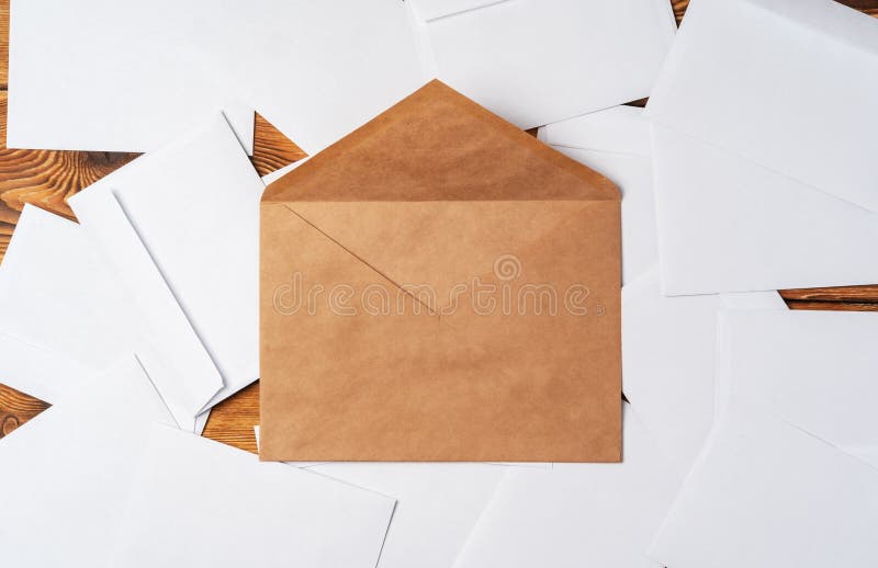 Stack of Envelopes on Working Desk Top View. Business Mail Stock Image ...