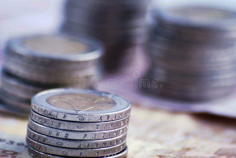 Stack of Euro Coins on Banknotes Stock Photo - Image of earnings ...