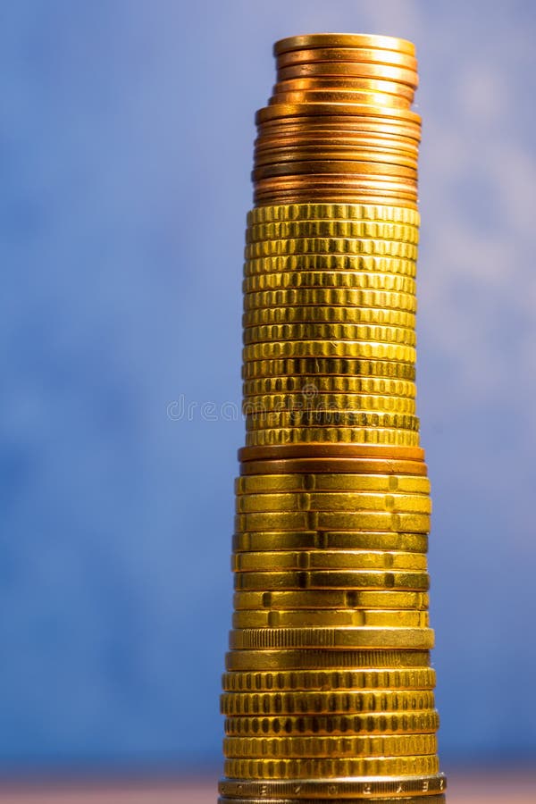 Stack of Euro Coins in a Blue Background Stock Image - Image of coins ...