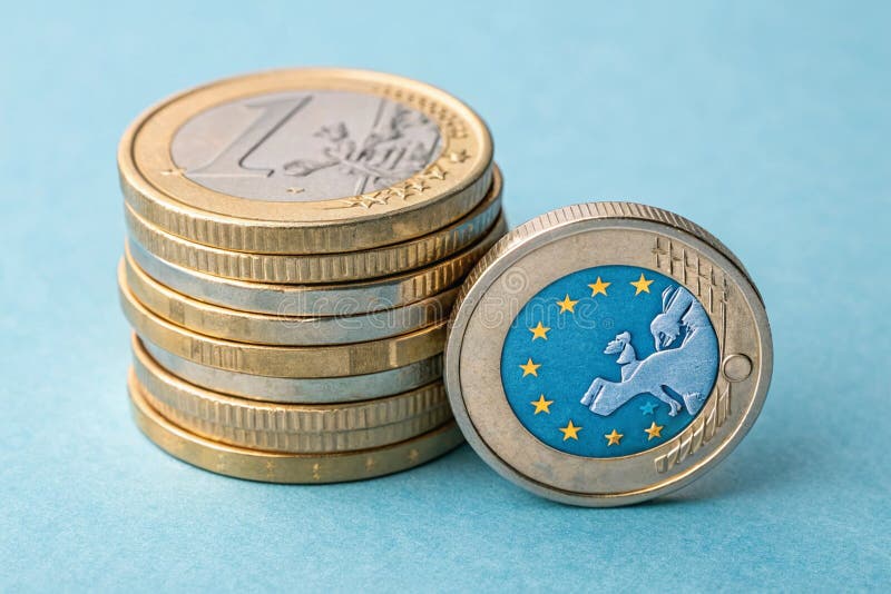 Stack of Euro Coins on Light Blue Background, Closeup-generated by Ai ...