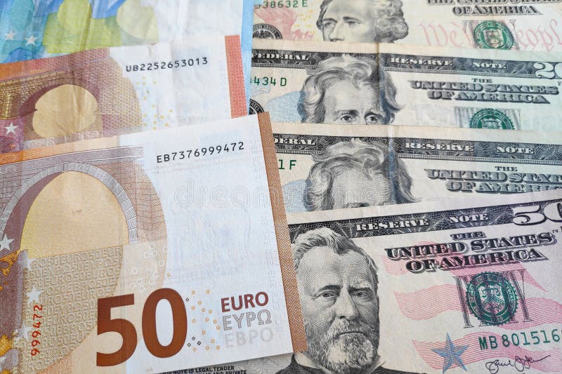 Stack of Euros and US Dollar Stock Photo - Image of color, market ...