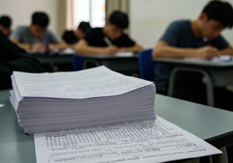A Stack of Exam Papers Sits on a Desk As Students Take a Test in the ...