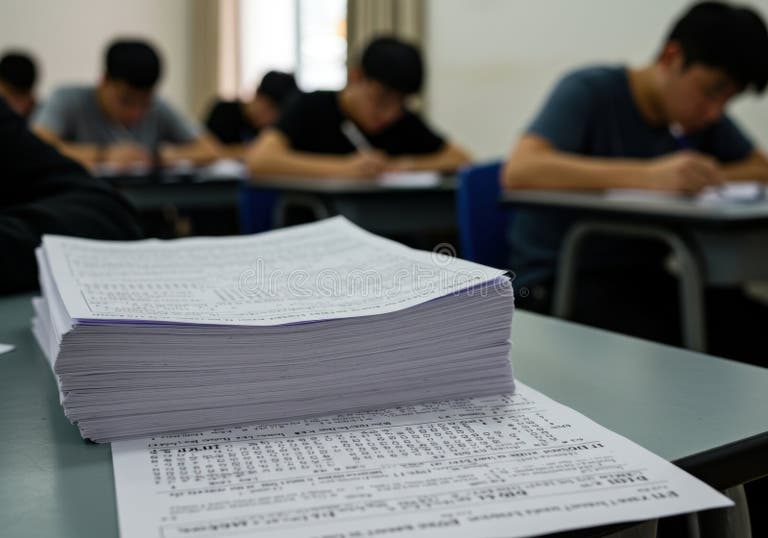A Stack of Exam Papers Sits on a Desk As Students Take a Test in the ...