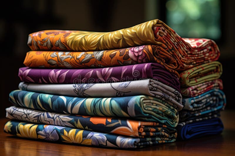 A Stack of Fabric Bolts in a Variety of Patterns and Colors Stock Image ...