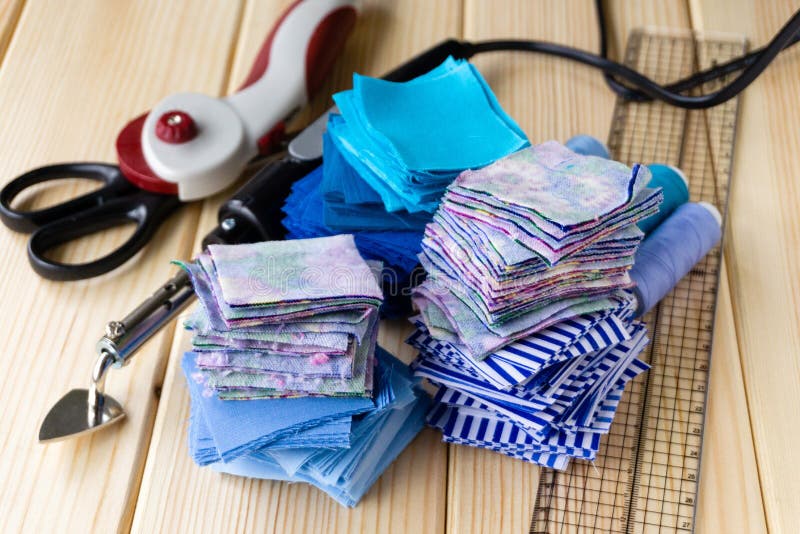 Stack of Fabric Pieces and Patchwork Accessories Stock Photo - Image of ...
