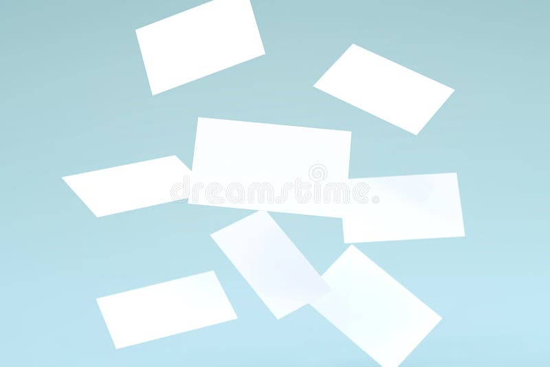 Stack of Falling Blank White Business Cards Mock-up on Blue Background ...