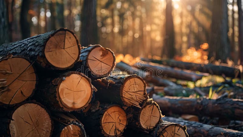 Stack of Felled Trees in the Forest, Sunset View, Wood Processing ...