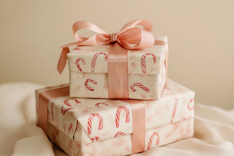 Stack of Festive Gift Boxes with Candy Cane Patterns and Pink Ribbons ...