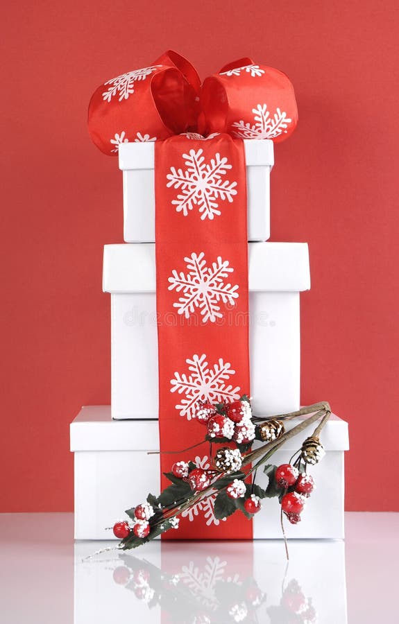 Stack of Red and White Polka Dot Theme Festive Gift Box Presents with ...