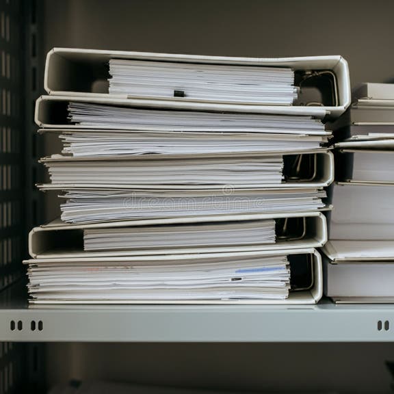 Stack of Filled Ring Binders on a Metal Shelf. the Binders are White ...