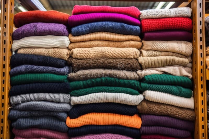 Stack of Finished Sweaters on a Warehouse Shelf Stock Image - Image of ...