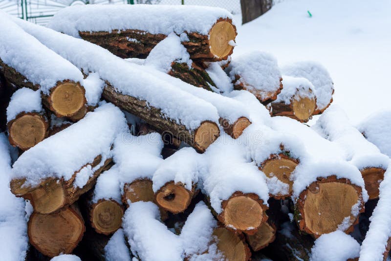 Stack of Firewood Covered with Snow Outdoors. Stack of Wood Cut. Snow ...