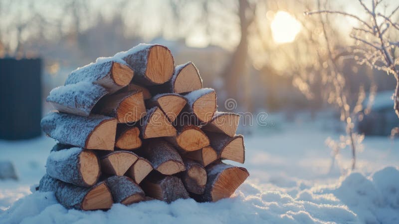 Stack of Firewood Covered in Snow on a Sunny Winter Day Stock ...