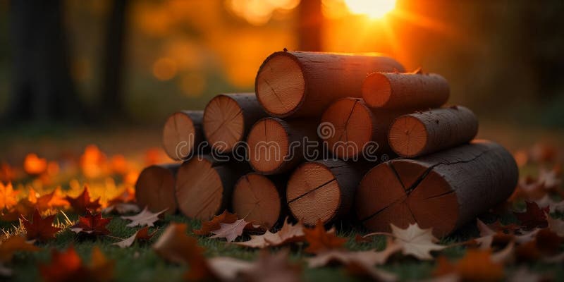 A Stack of Firewood in a Forest with Autumn Leaves Stock Illustration ...