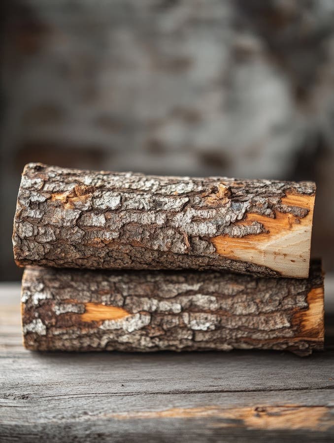 Stack of Firewood Logs with Textured Bark on Wooden Table. Stock Photo ...