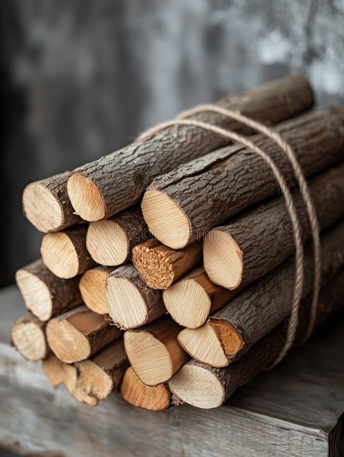 Stack of Firewood Logs Tied with Rope on a Wooden Surface. Stock Image ...