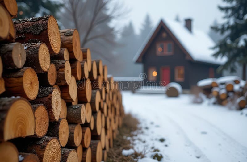 Stack of Firewood Near the Country House on Snowy Background. Getting ...