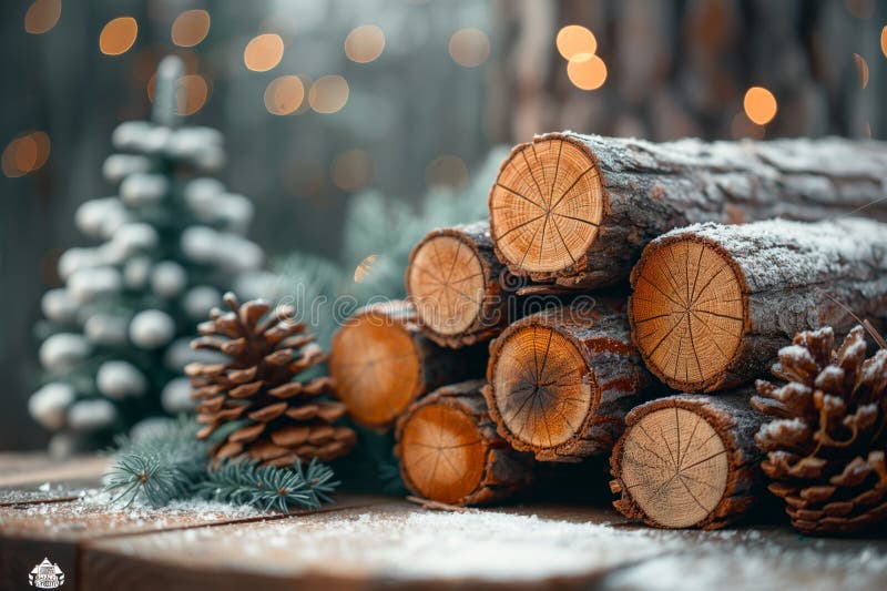 Stack of Firewood Covered in Snow with Pine Cones and Christmas Tree ...