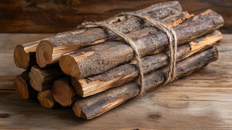 Stack of Firewood Tied with Rope on Wooden Surface Stock Image - Image ...