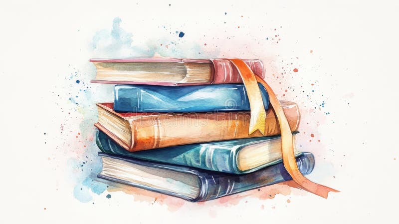 A Stack of Five Books with Watercolor Paint Splatters in the Background ...