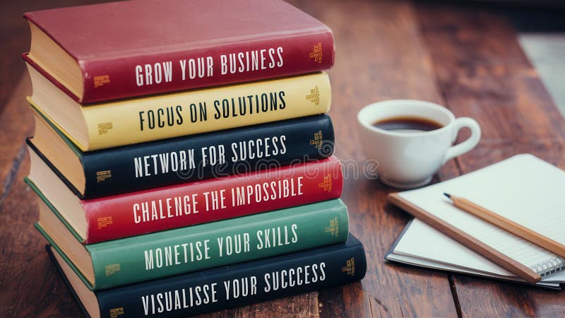 Stack of Five Business Books with Coffee and Notepad on a Wooden Desk Stock Illustration ...