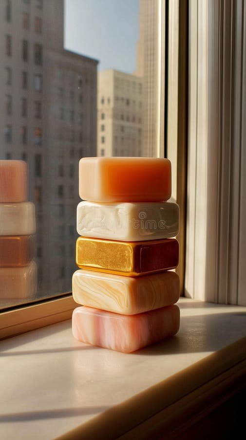 A Stack of Five Different Colored Soap Bars are Sitting on a Window ...